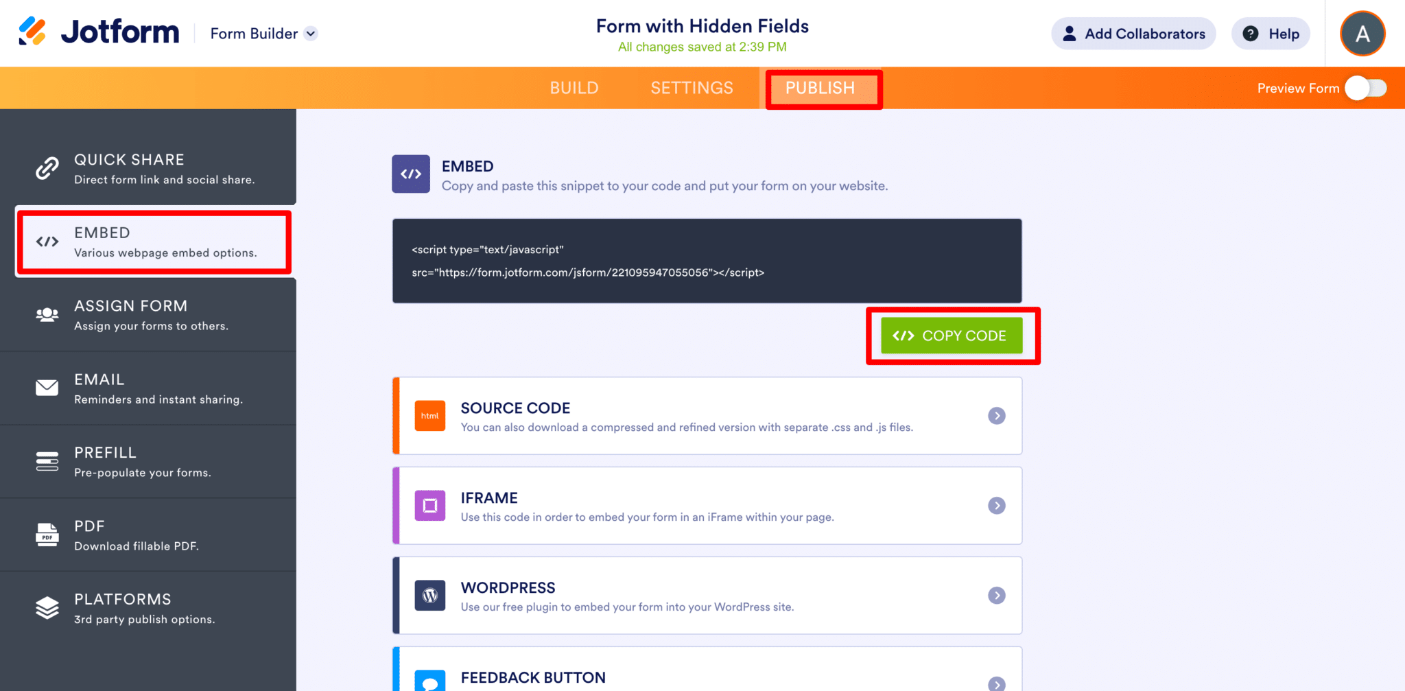 Embed Jotform forms using the standard embed option | Attributer