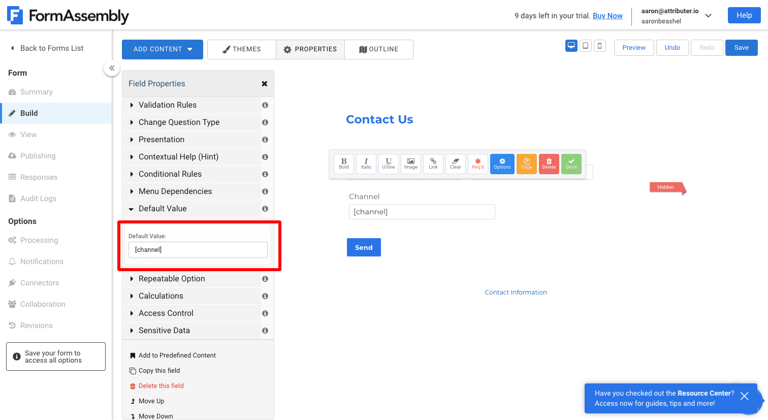 Add hidden fields to FormAssembly | Attributer