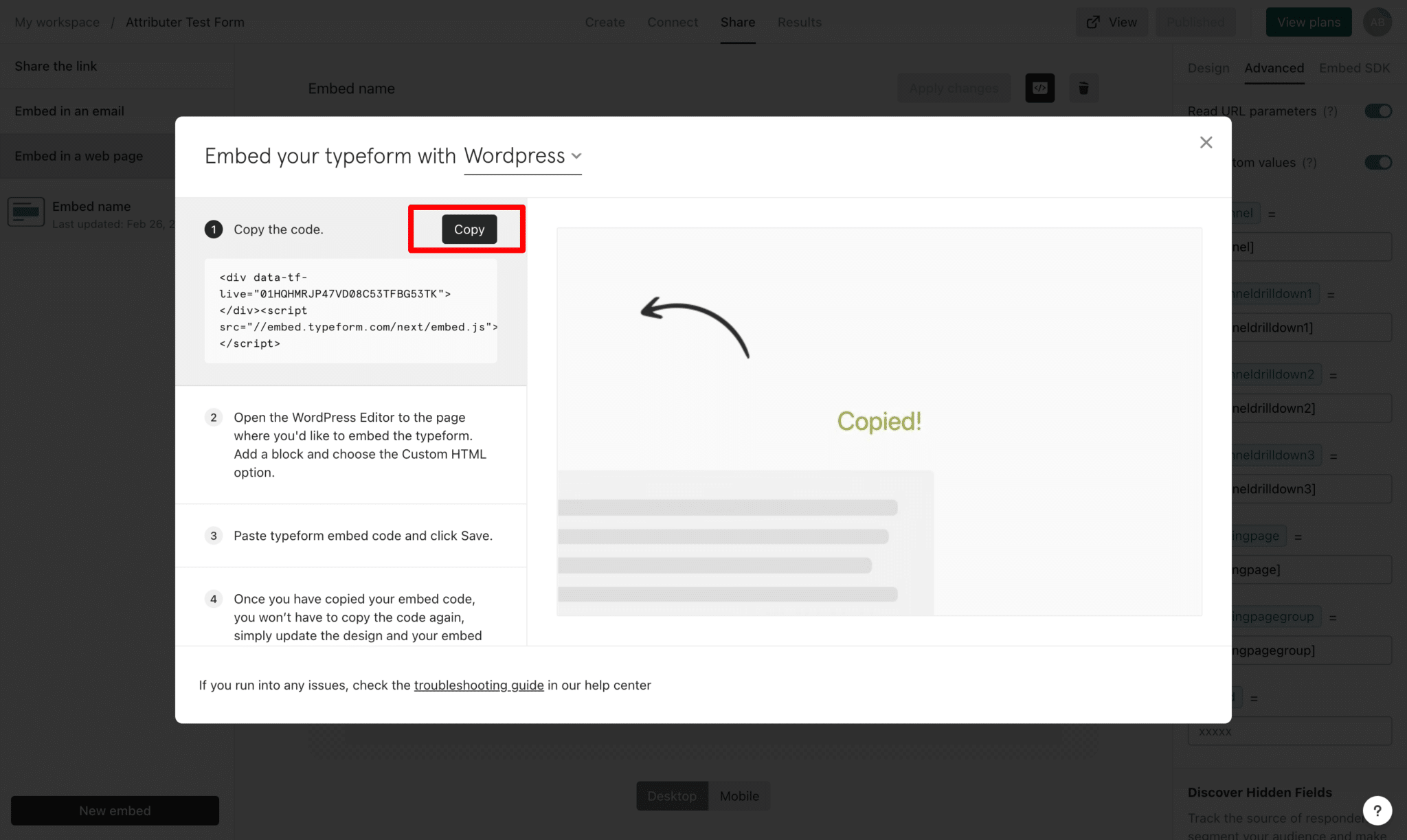 Setup Typeform's 'Standard Embed' option | Attributer