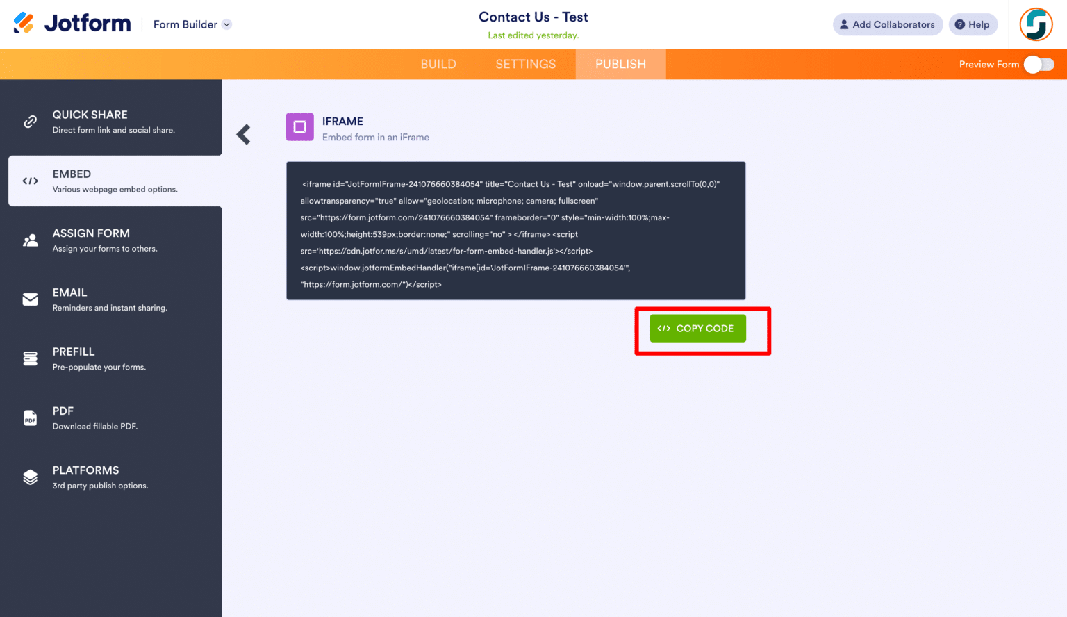 Embed Jotform forms using the iFrame embed method | Attributer