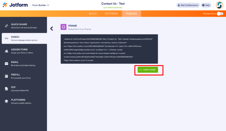 Embed Jotform forms using the iFrame embed method | Attributer
