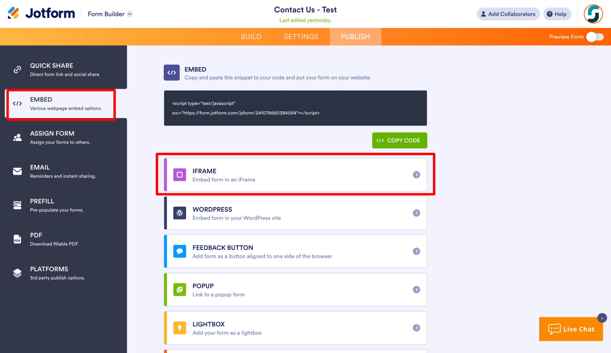 Embed Jotform forms using the iFrame embed method | Attributer